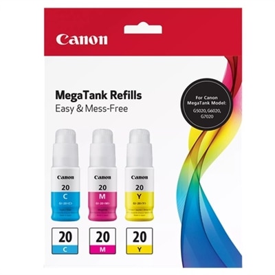Click here for Canon GI-20 CMY Ink Bottle Value Pack prices